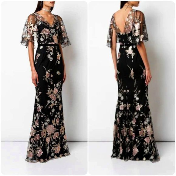 Marchesa Notte | Dresses | Marchesa Nottecape Sleeve Floral Embroidered ...
